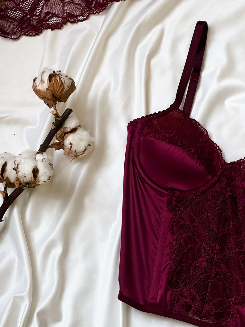 Bordo Cherry Burgundy Boudoir Bustier Satin & Lace Corset Elegant ...