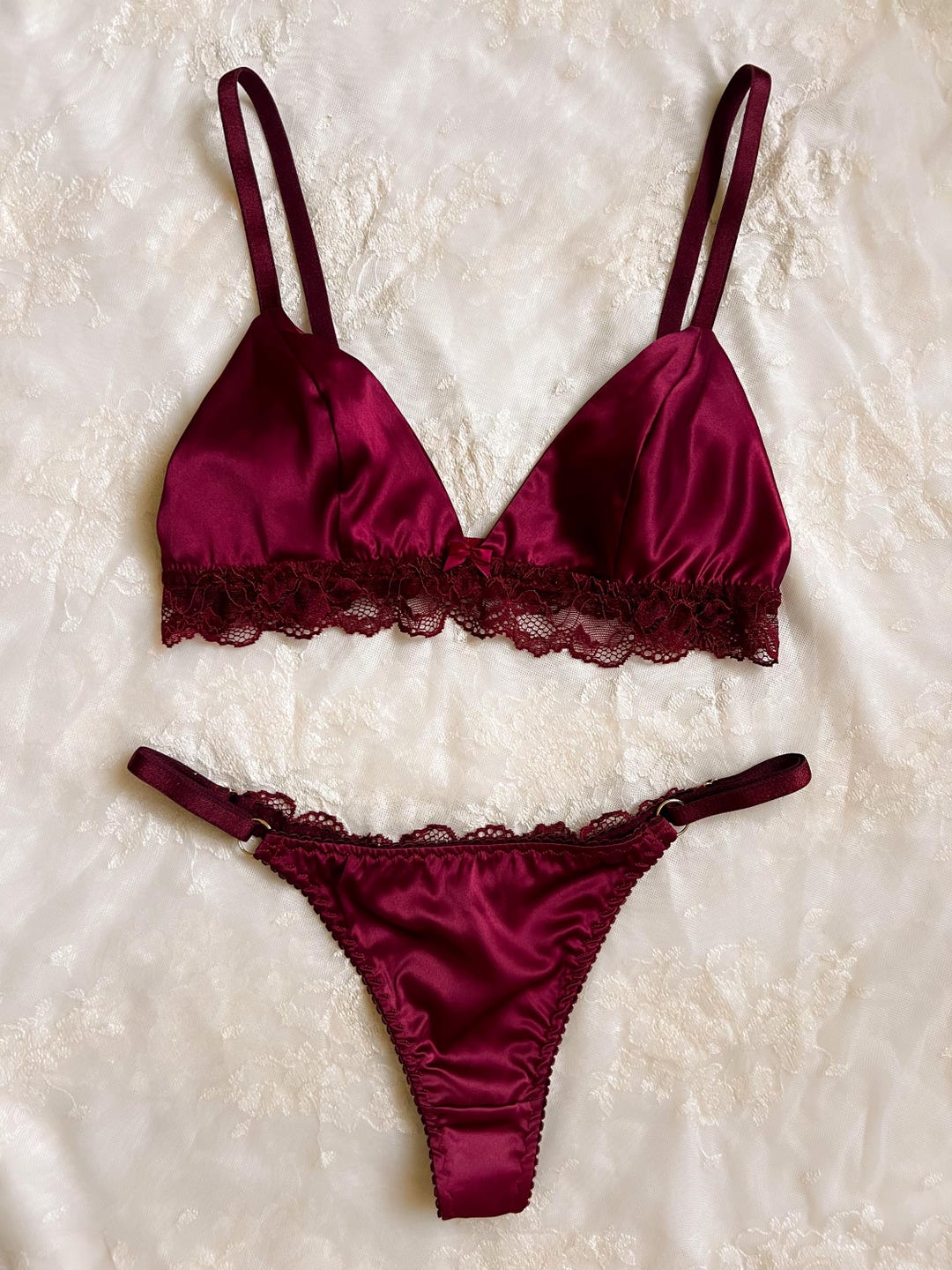 Elegant Satin & Lace Lingerie Set in Deep Burgundy Bordo Colour ...