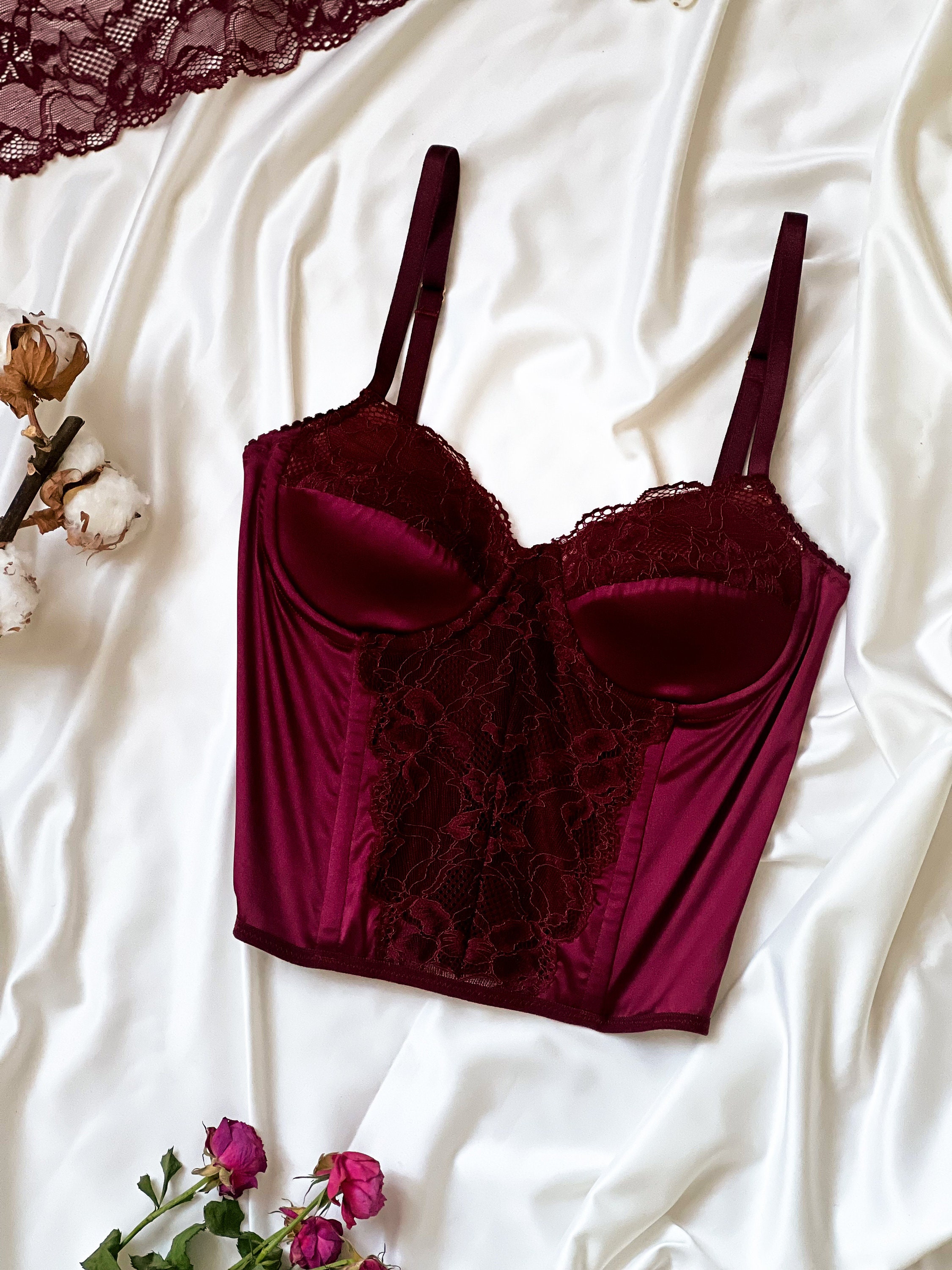 Bordo Cherry Burgundy Boudoir Bustier Satin & Lace Corset Elegant ...