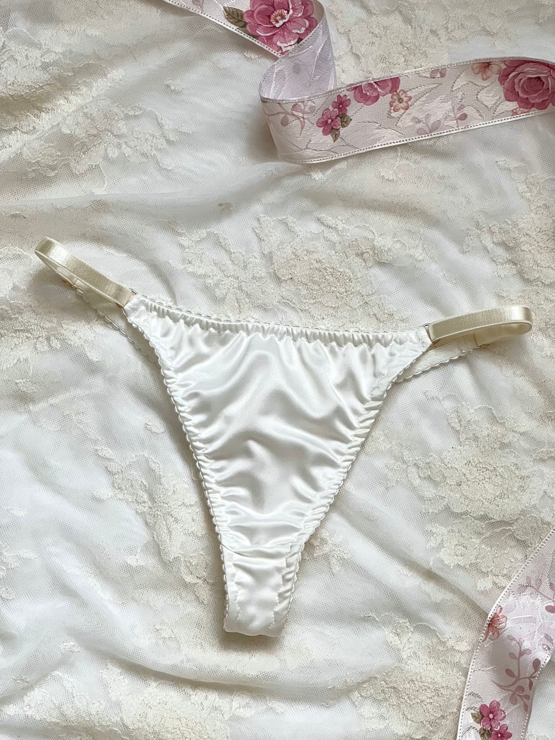 White Milky Satin Lace Thong, Mid-rise Thong Retrouvaille Handmade ...
