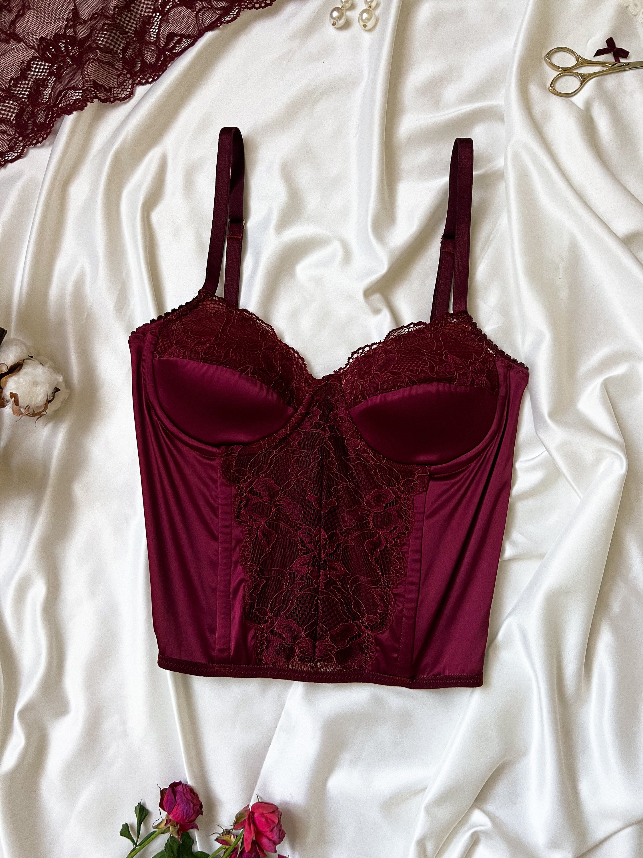 Bordo Cherry Burgundy Boudoir Bustier Satin & Lace Corset Elegant ...