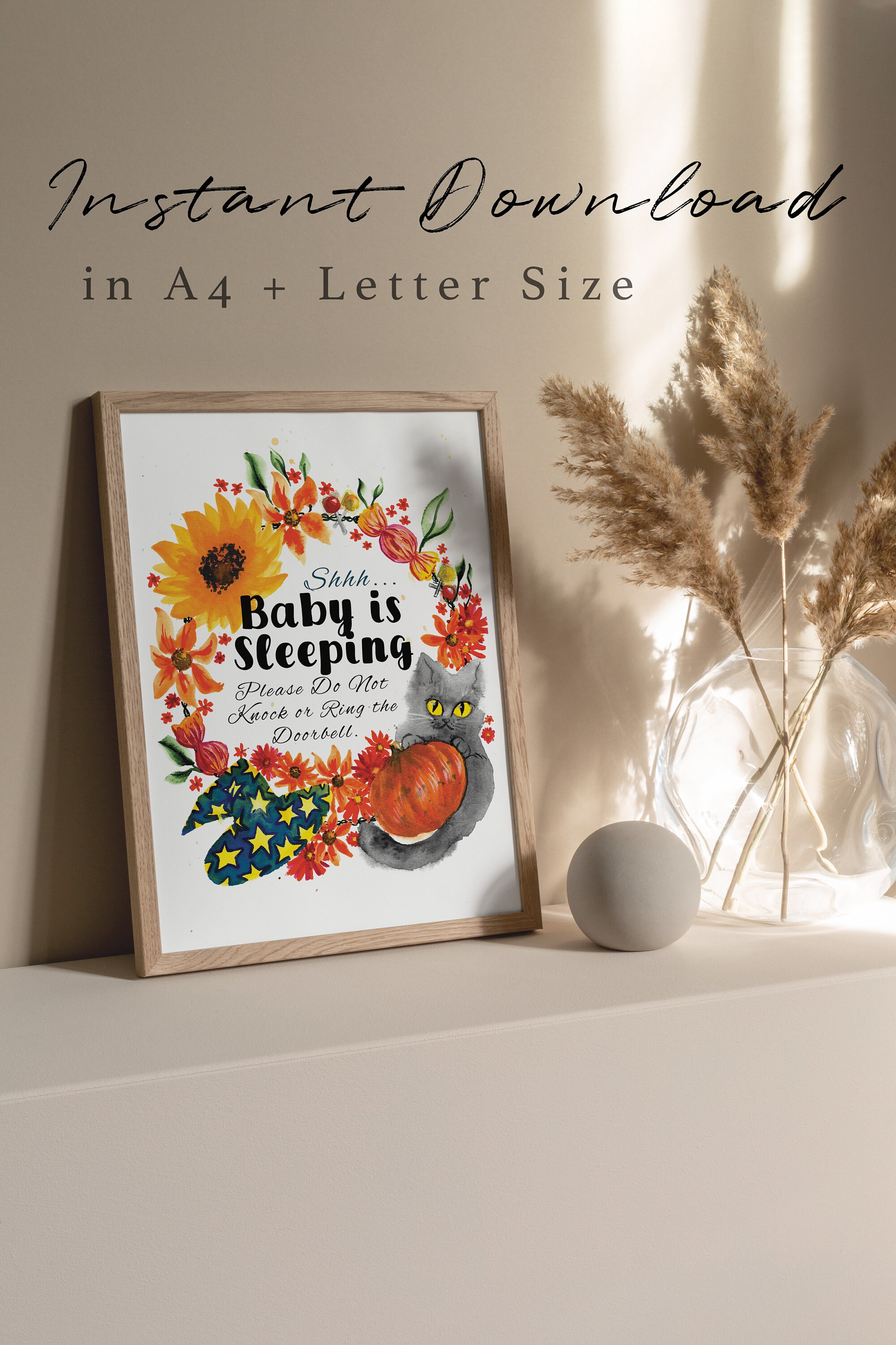 Printable Sleeping Baby Door Sign, Digital Watercolour Spooky Baby ...