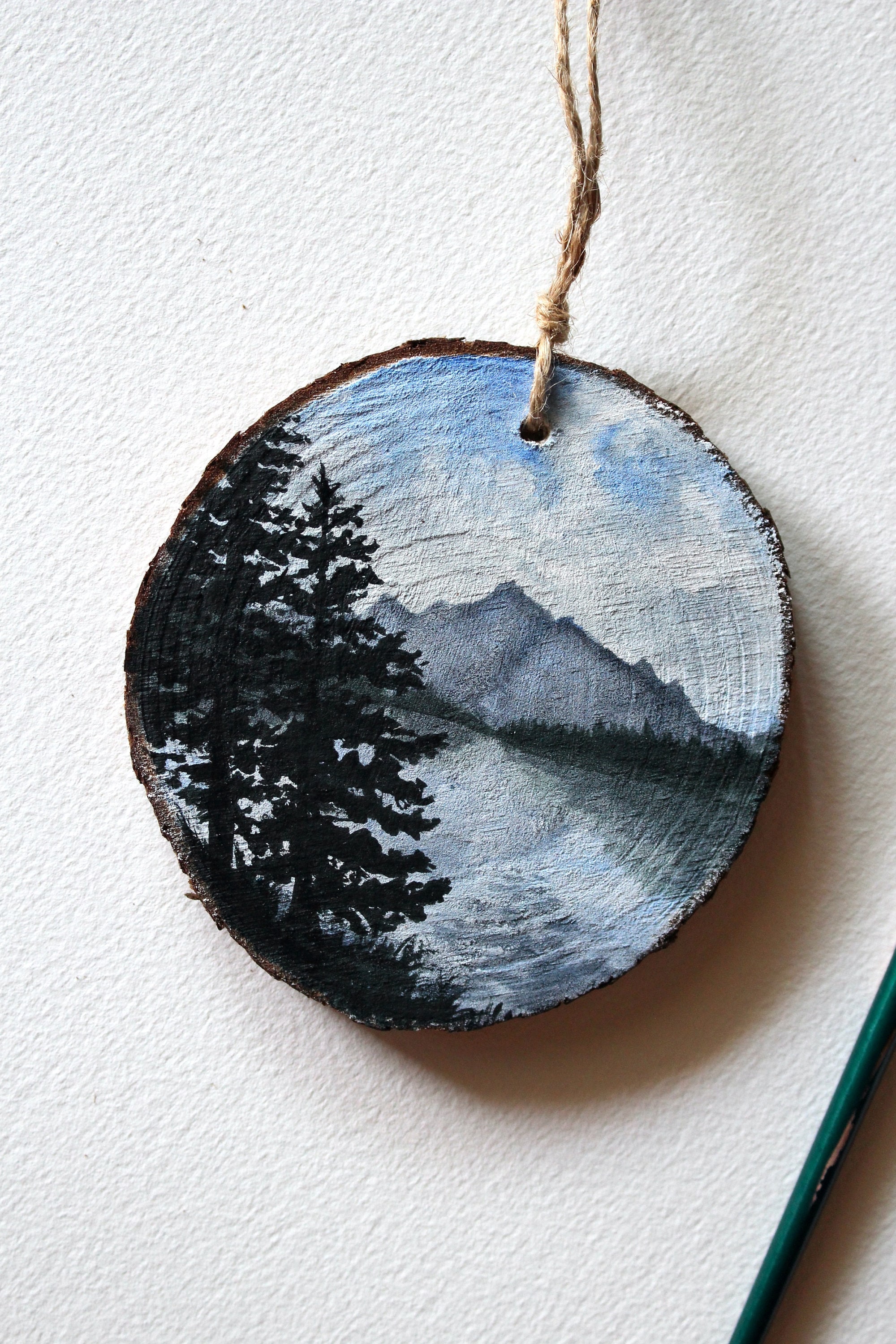 Mountain Hand Painted Wood Slice Ornament, Watercolour Rocky Mountain ...