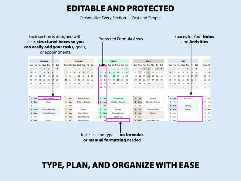 Annual Calendar Spreadsheet Excel & Google Sheets | Year at a Glance ...