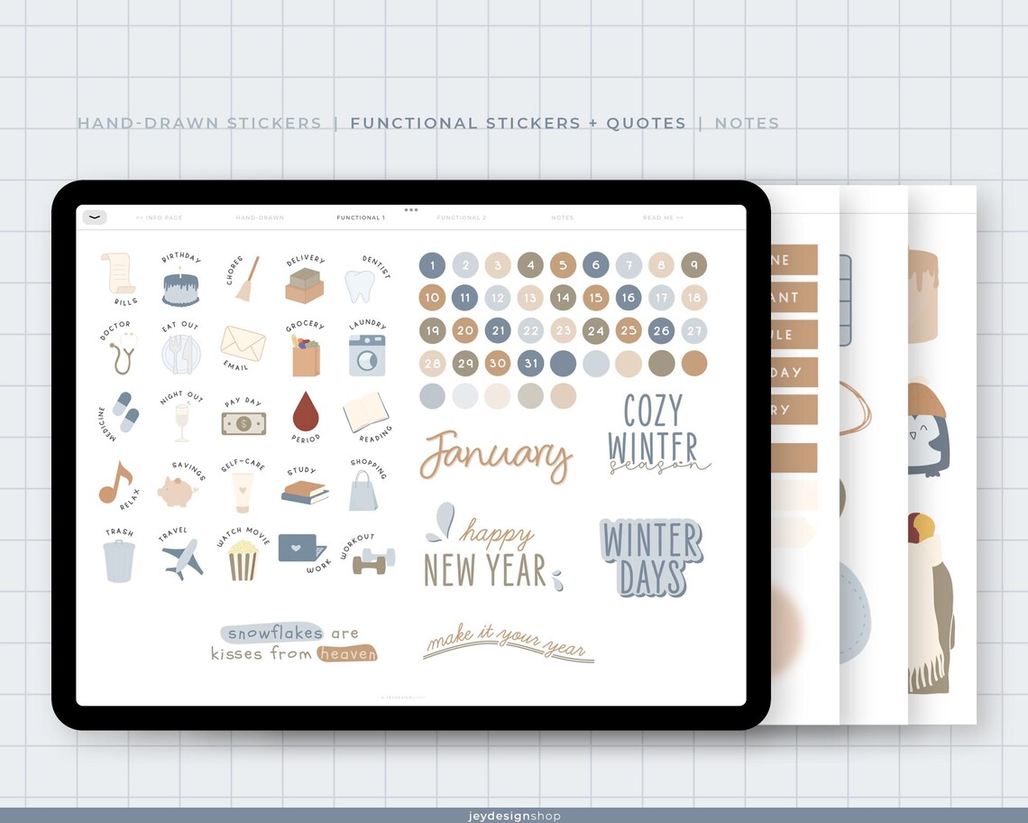 January Digital Stickers | 155 Hand-drawn, Functional & Quotes Stickers ...