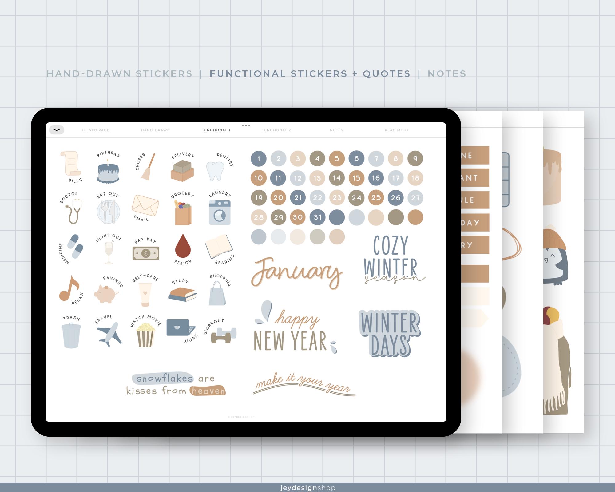 January Digital Stickers | 155 Hand-drawn, Functional & Quotes Stickers ...