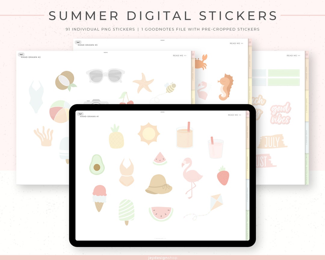 Summer Digital Stickers | 91 Hand-drawn, Functional & Quotes Stickers ...
