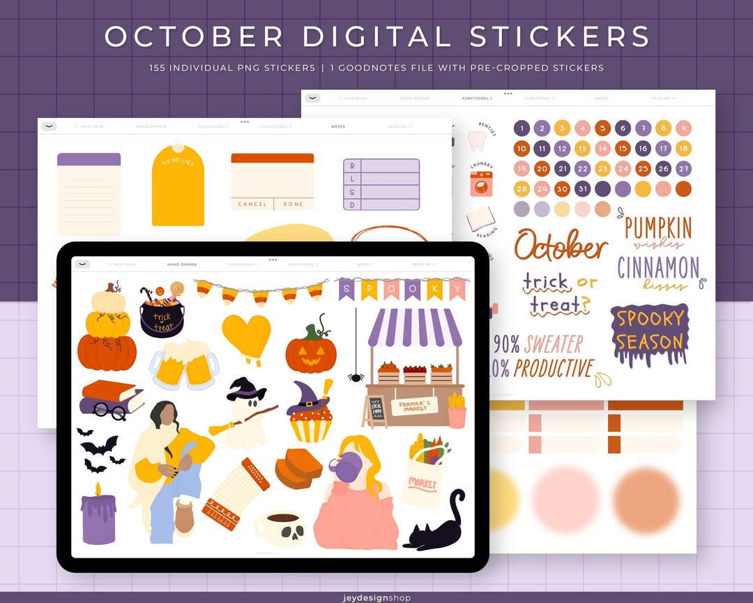 October Digital Stickers | 155 Hand-drawn, Functional & Quotes Stickers ...