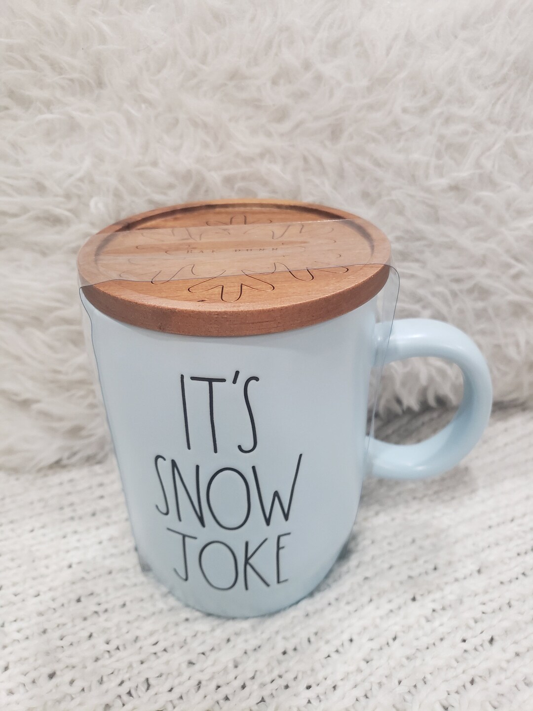 Rae Dunn "it's Snow Joke" Powder Blue Mug & Wooden Lid Warmer Holiday ...