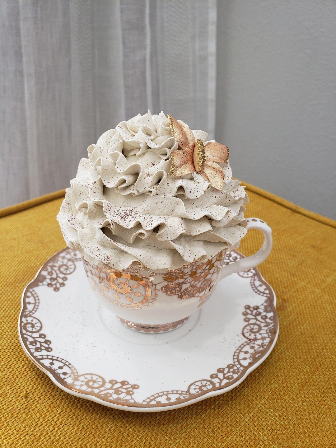 Pip Posh Design Faux Sweet Décor Golden Laced Tea Cup & Ivory Butterfly ...