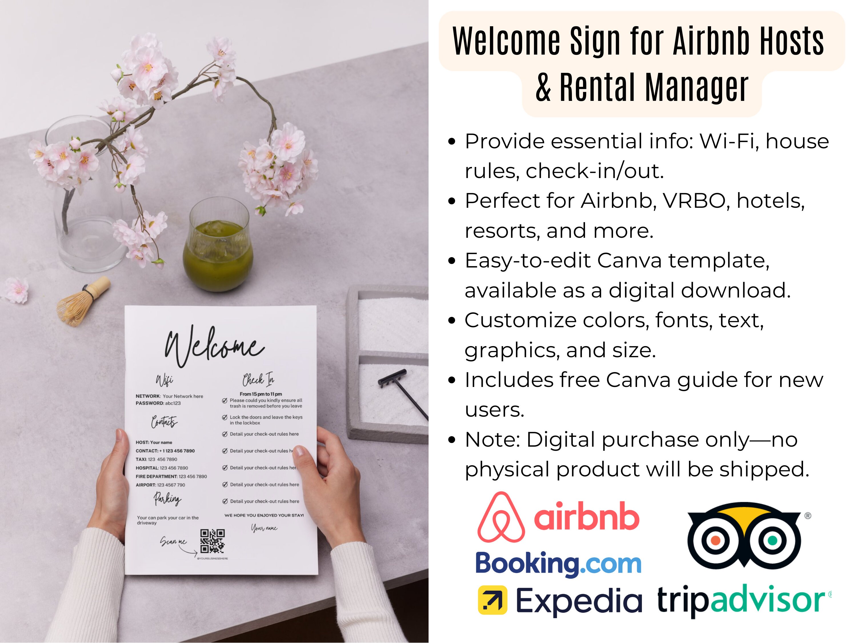 Airbnb Welcome Sign, Rental Vacation Printable, Template for VRBO, Qr ...