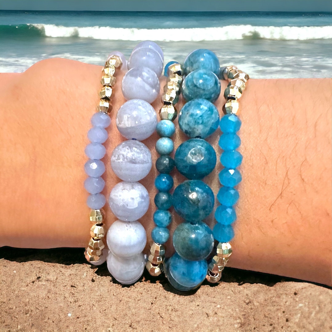 Shades of Blue Crystal Bracelet Set, Blue Lace Agate, Blue Apatite ...
