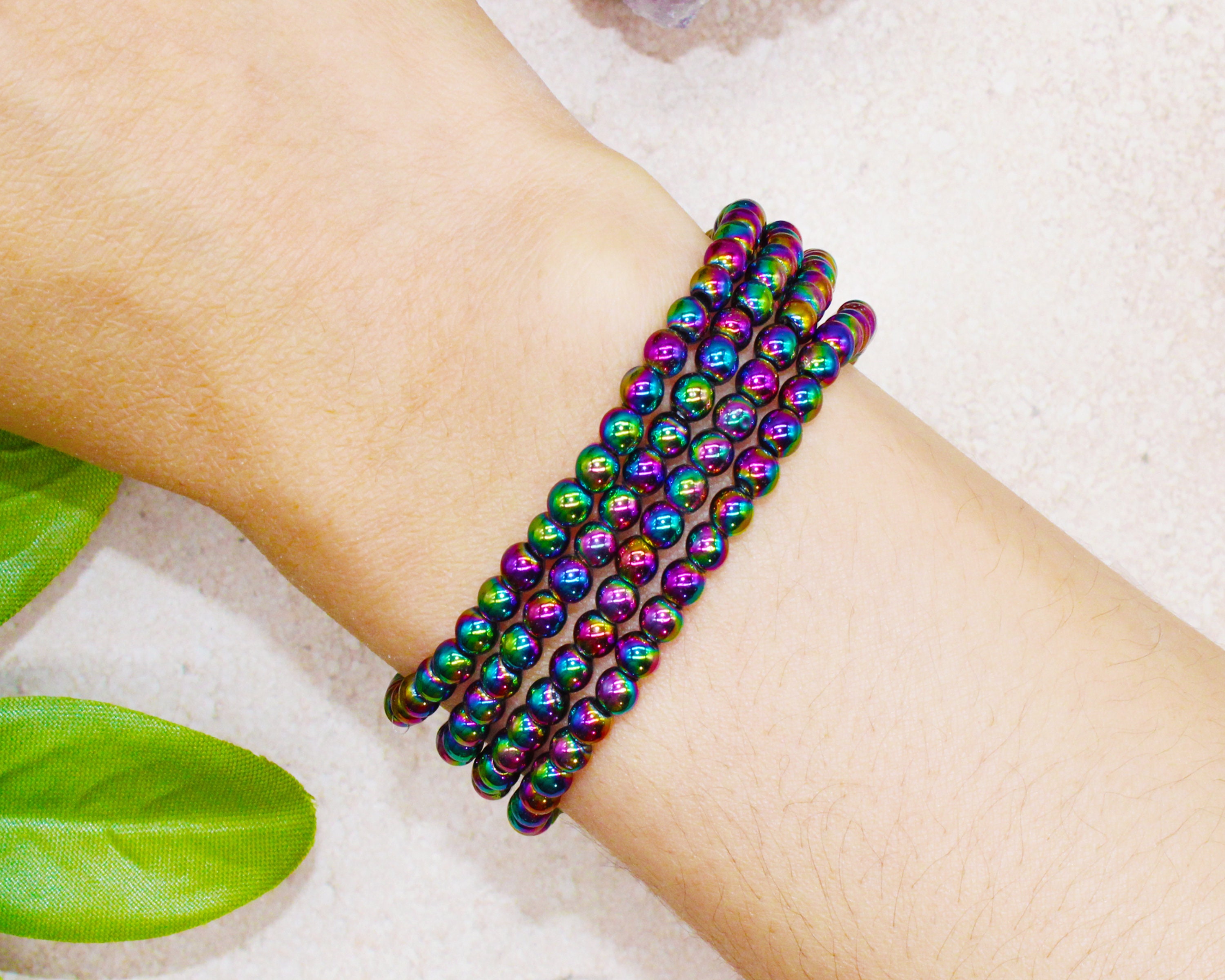 Rainbow Hematite Beaded Crystal Worry Stone Bracelet 4mm Mini Etsy Uk