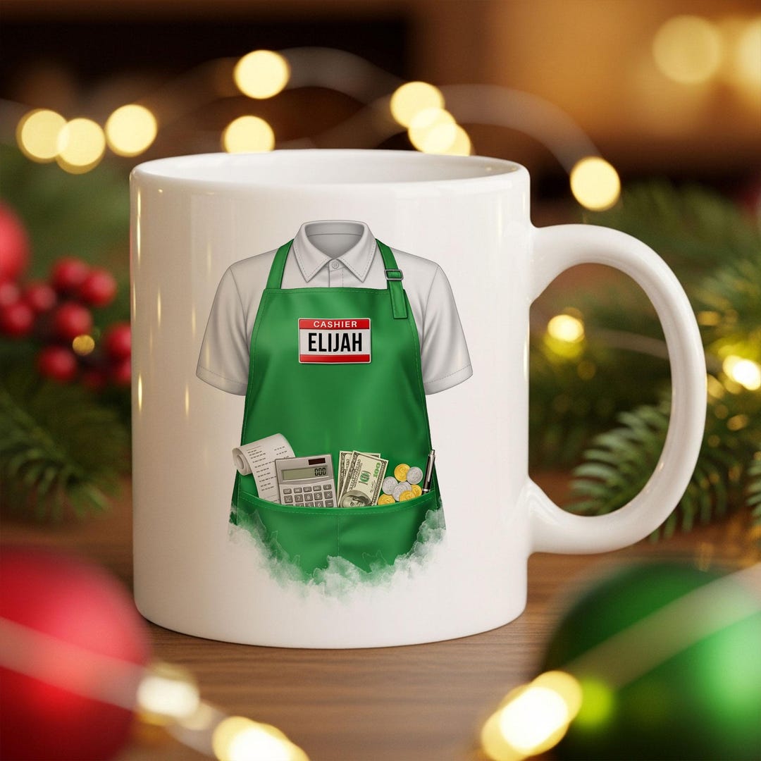 Personalized Cashier Mug – Custom Name Tag Apron Design • Retail ...