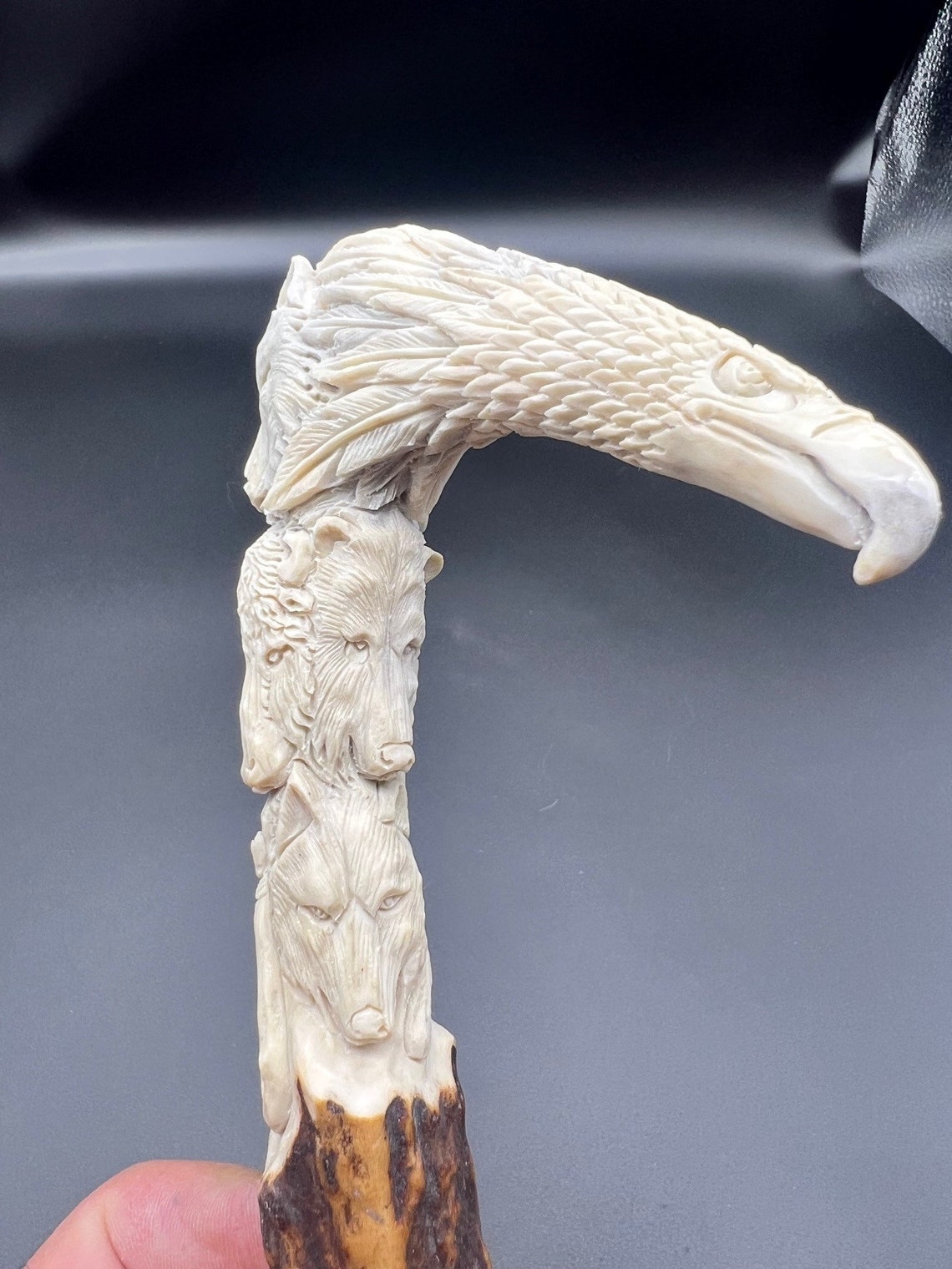 Carved Moose Antler Cane or Walking Stick Top or Knife Handle. Eagle ...