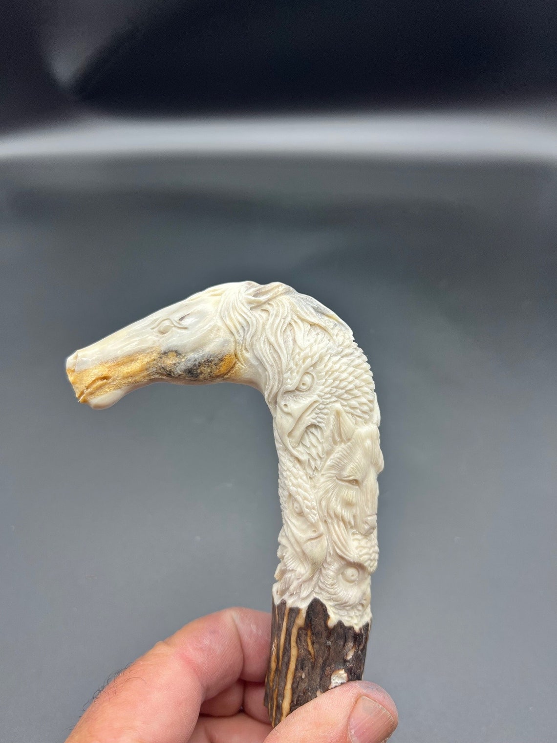 Carved Moose Antler Cane or Walking Stick Top, Knife Handle, Horse ...
