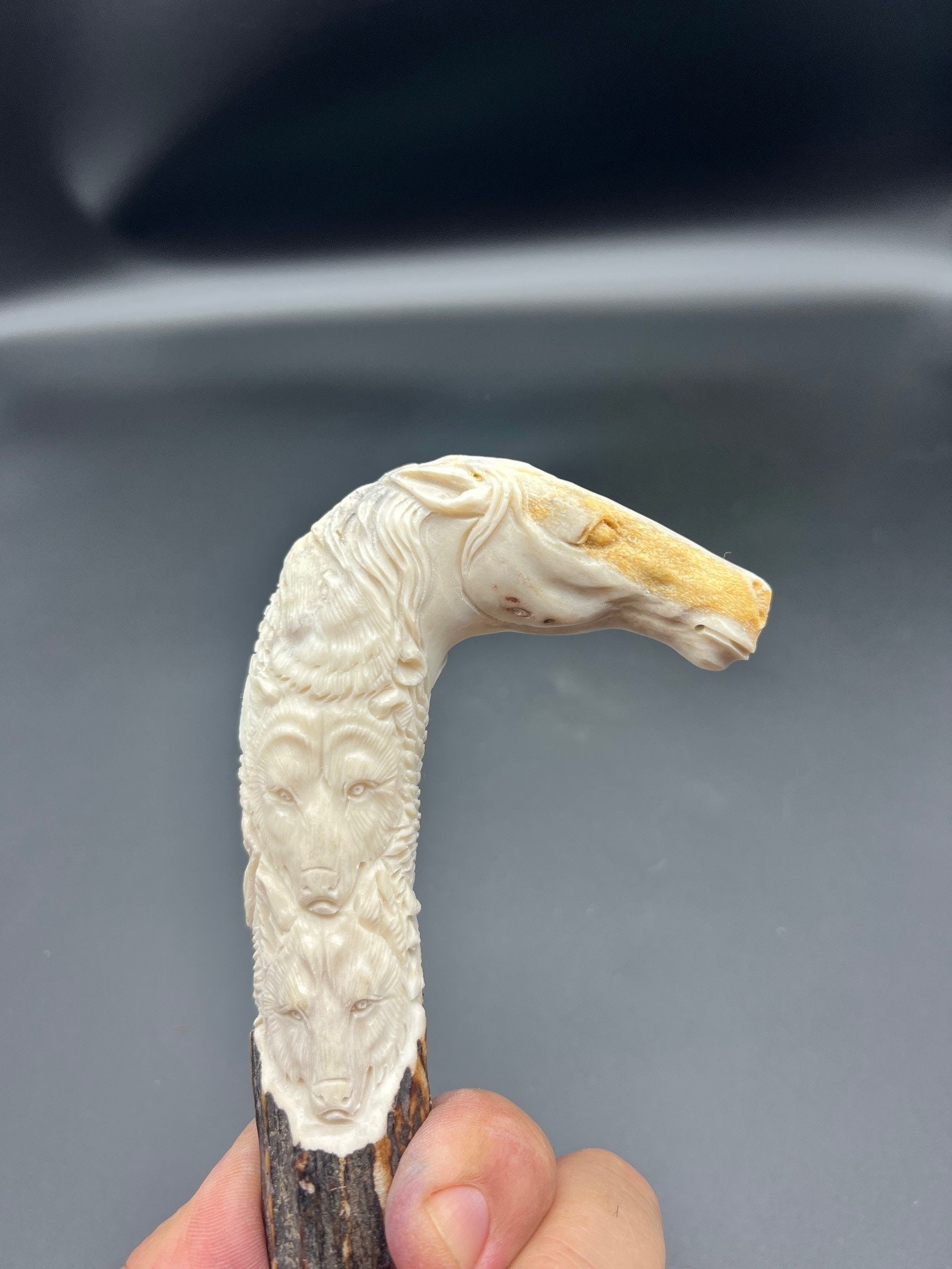 Carved Moose Antler Cane or Walking Stick Top, Knife Handle, Horse ...