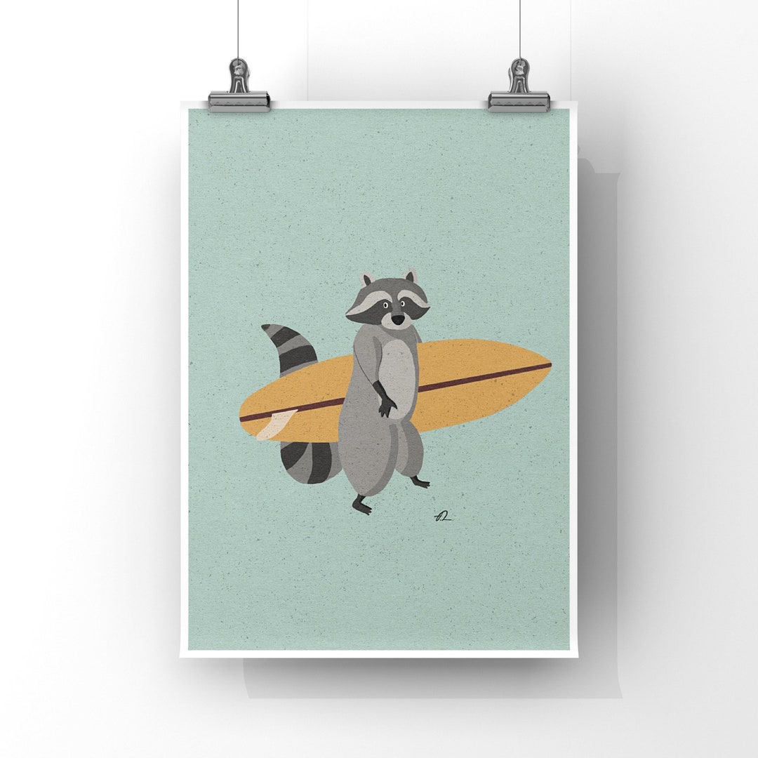Surfing Racoon Art Print - Etsy