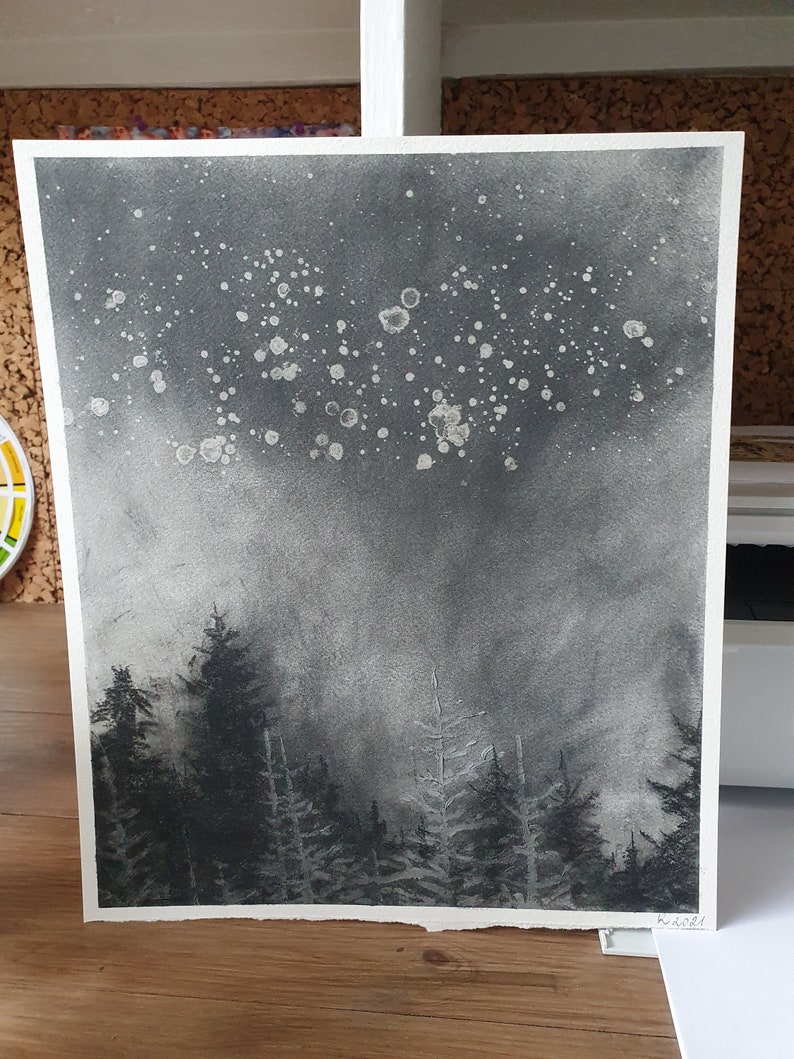 Art, Wall Decor, Charcoal Drawing, Original, Nocturnal Landscape ...