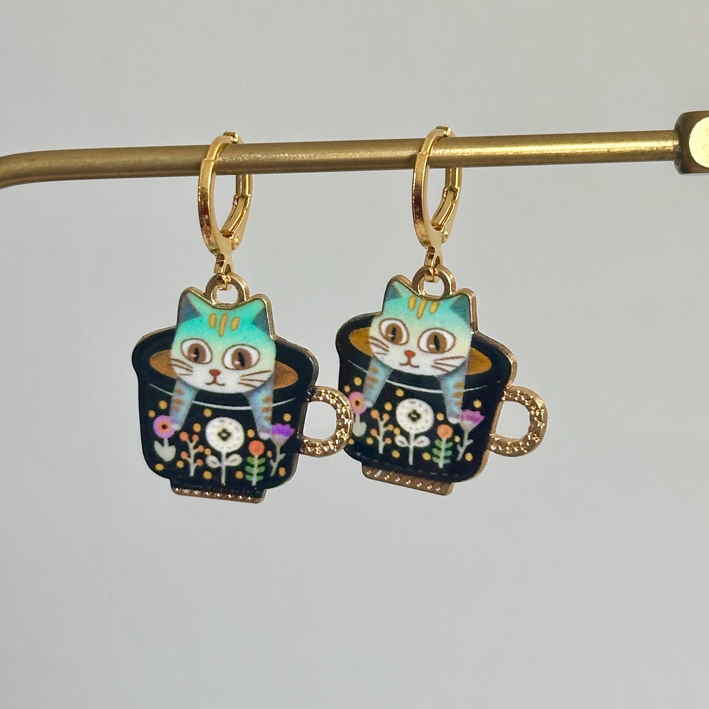 Floral Cat Dangle Earrings: 18k Gold Plated Cat Huggies - Etsy