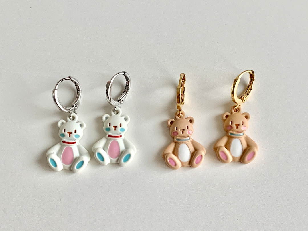 Cute Bear Huggies, Cute Bear Hoops Earrings, White Bear Huggies, Brown ...