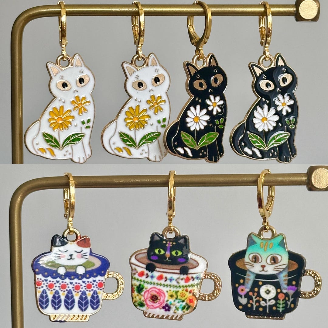 Floral Cat Dangle Earrings: 18k Gold Plated Cat Huggies - Etsy