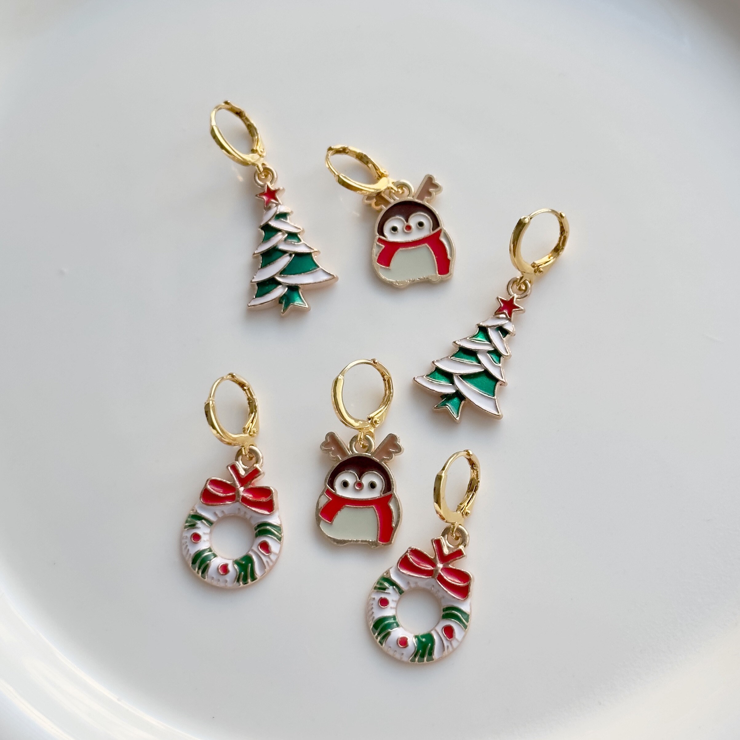 Cute Christmas Huggies, Christmas Tree Earrings, Christmas Penguin ...
