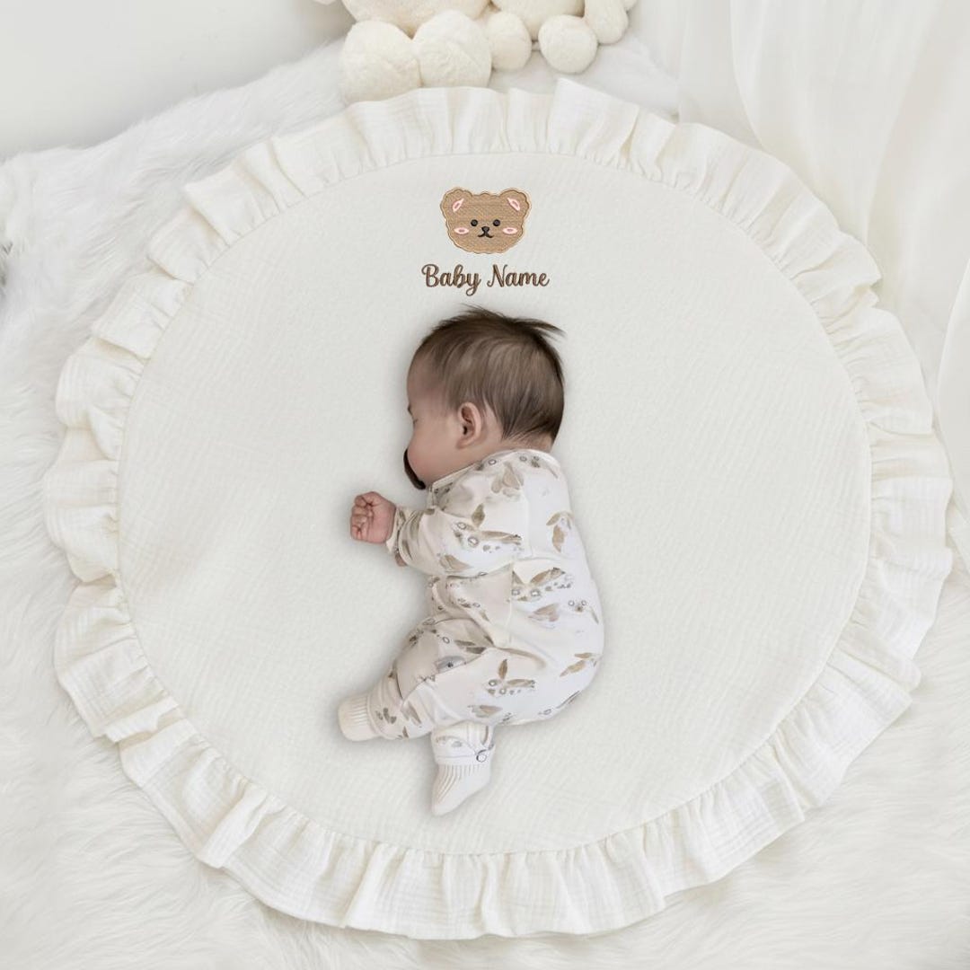 Custom Embroidered Baby Rug, Muslin Cotton Play Mat for Newborns, Round ...