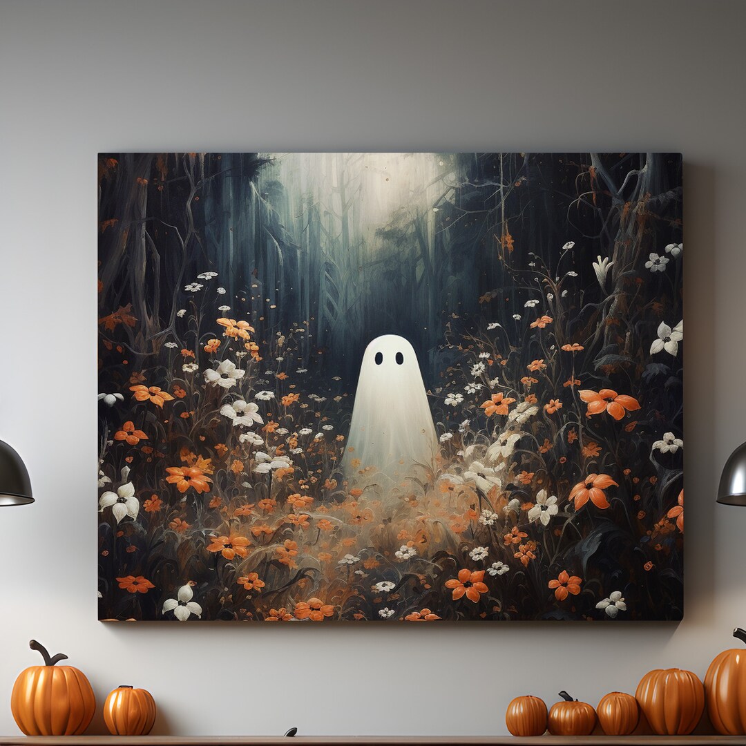 Floral Ghost Canvas, Ghost Spooky Decor Halloween, Cute Ghost Art ...