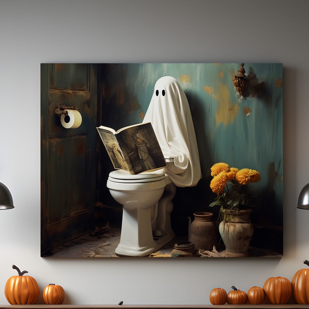 Ghost on Toilet, Ghost in Bathroom Poster, Vintage Canvas, Art Canvas ...