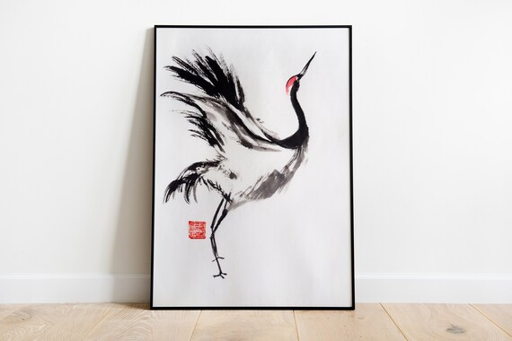 Digital Print Original Painted Crane Bird Ink Wash | Etsy