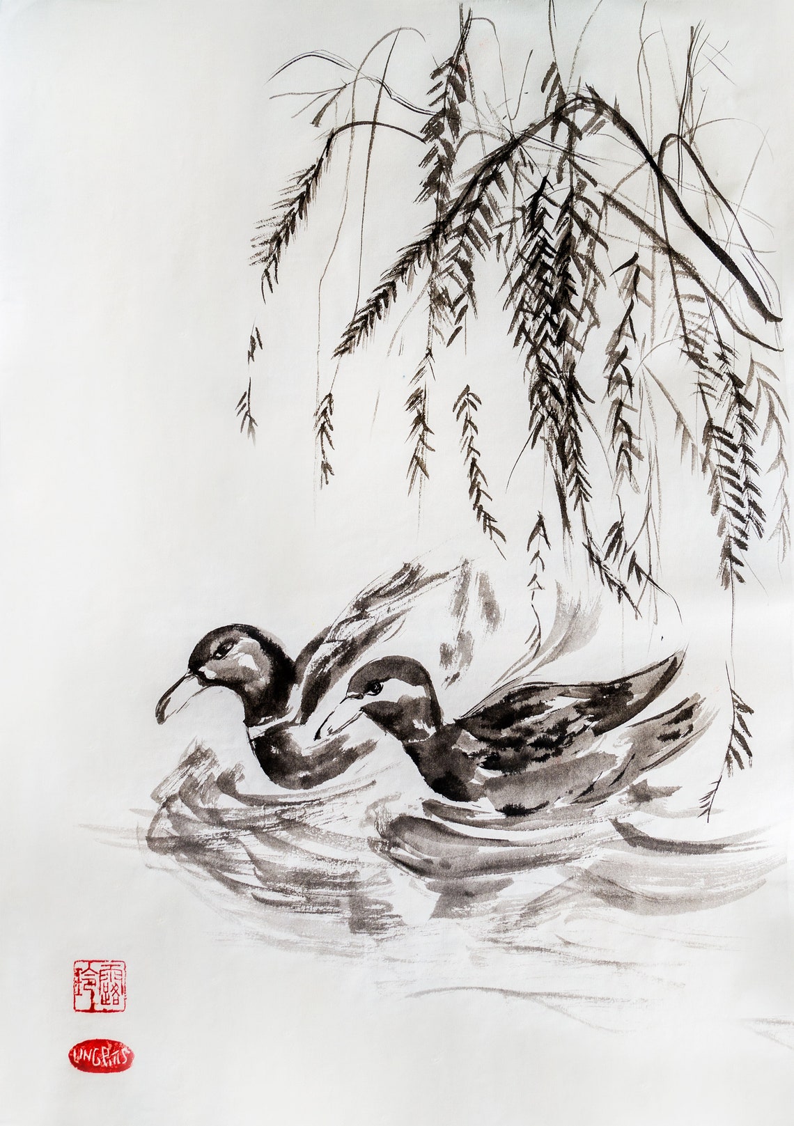 Digital Print | Original Painted Ducks in Pond | Chinese Ink Painting ...