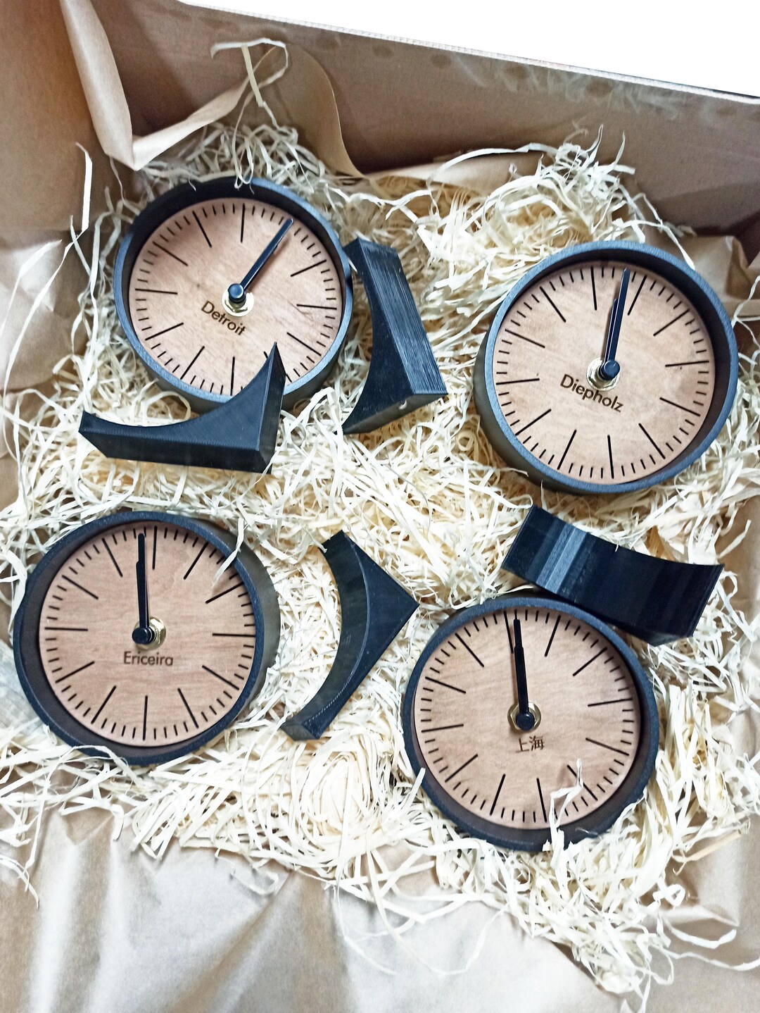 Set of 4 Teak Wood Desk Clocks - Custom Engraved Time Zone, Minimalist ...