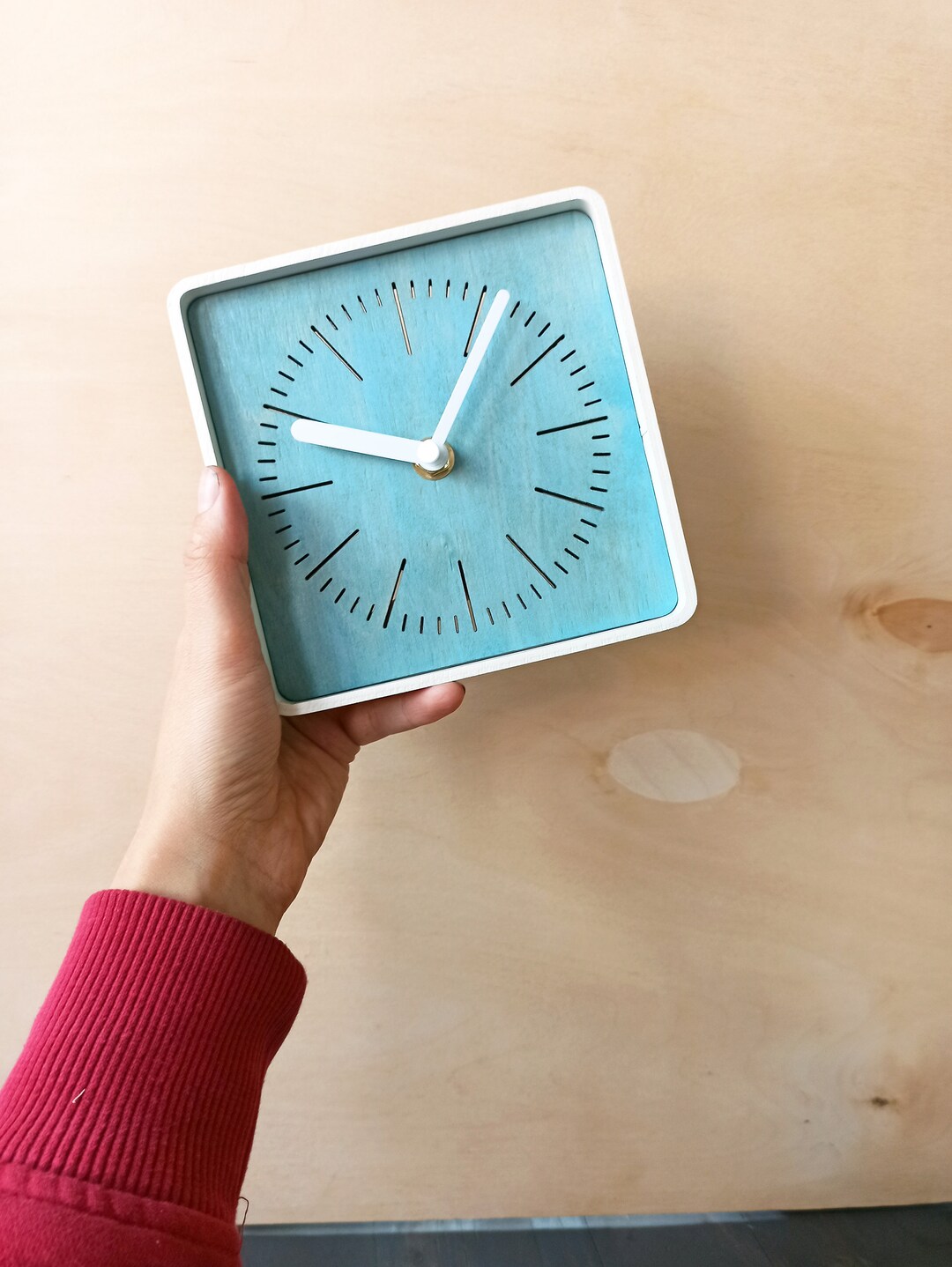 Blue Wood Desk Clock, Square White Metal Frame, Custom Engraving - Etsy