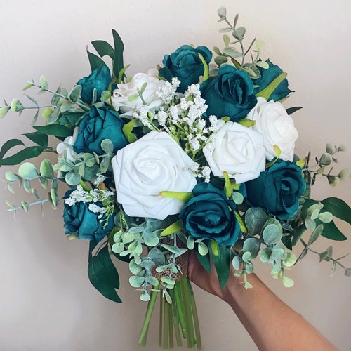 Teal and Ivory Rose Bridal Bouquet Wedding Bouquet | Etsy