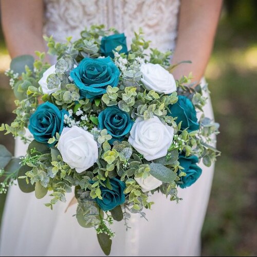 Teal and Ivory Rose Bridal Bouquet Wedding Bouquet - Etsy