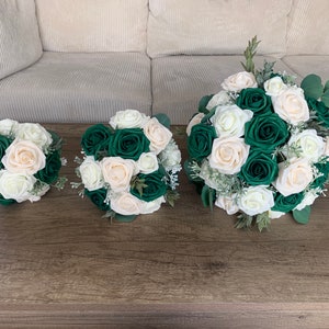 Emerald Green, Cream, and Ivory Rose Bridal Bouquet, Wedding Bouquet ...