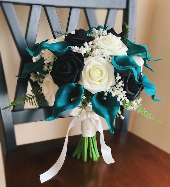 Teal Calla Lily Black Ivory White Rose Artificial Wedding - Etsy