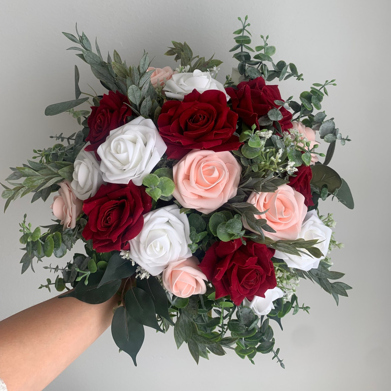 Deep Red Blush Pink & White Artificial Bridal Bouquet Real - Etsy