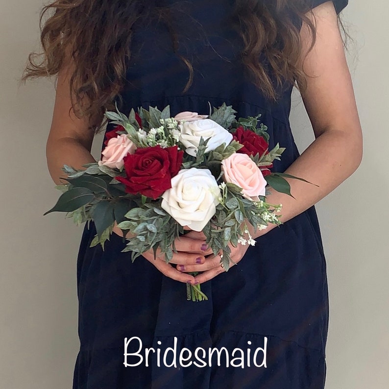 Deep Red Blush Pink & White Artificial Bridal Bouquet Real - Etsy