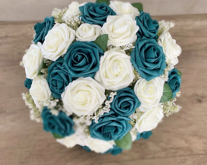 Dark Teal and Ivory Rose Bridal Bouquet, Peacock, Wedding Bouquet ...