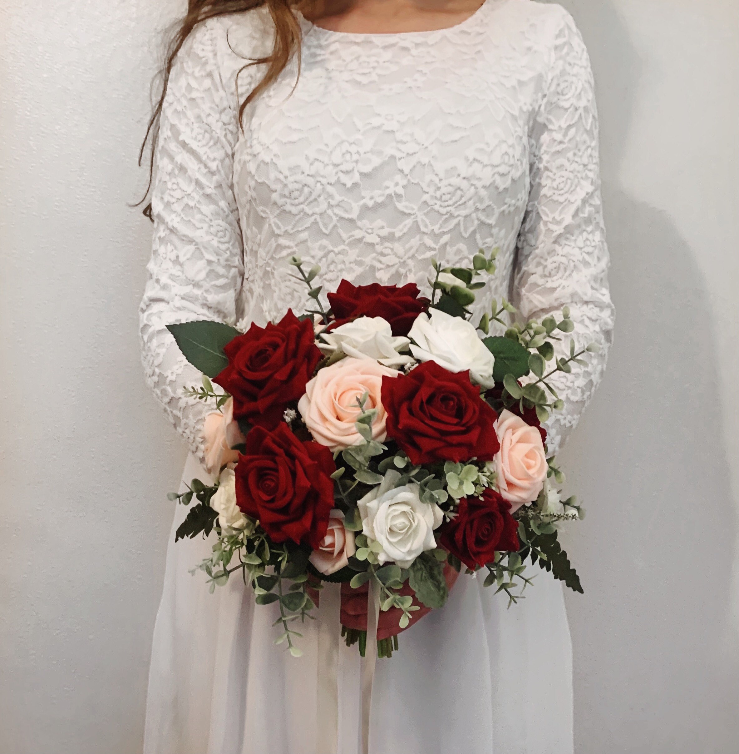 Deep Red Blush Pink & White Artificial Bridal Bouquet Real - Etsy
