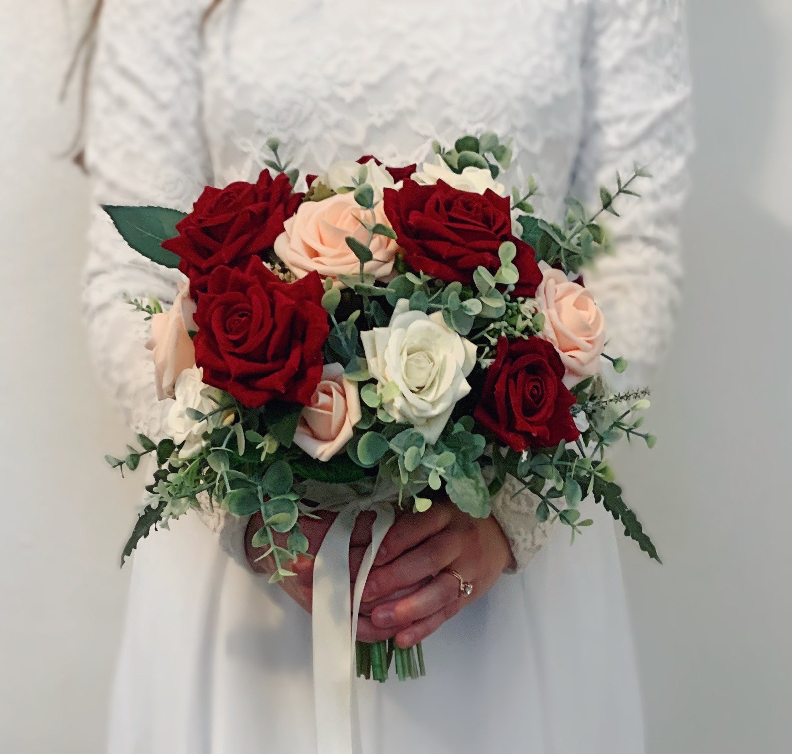 Deep Red Blush Pink & White Artificial Bridal Bouquet Real - Etsy