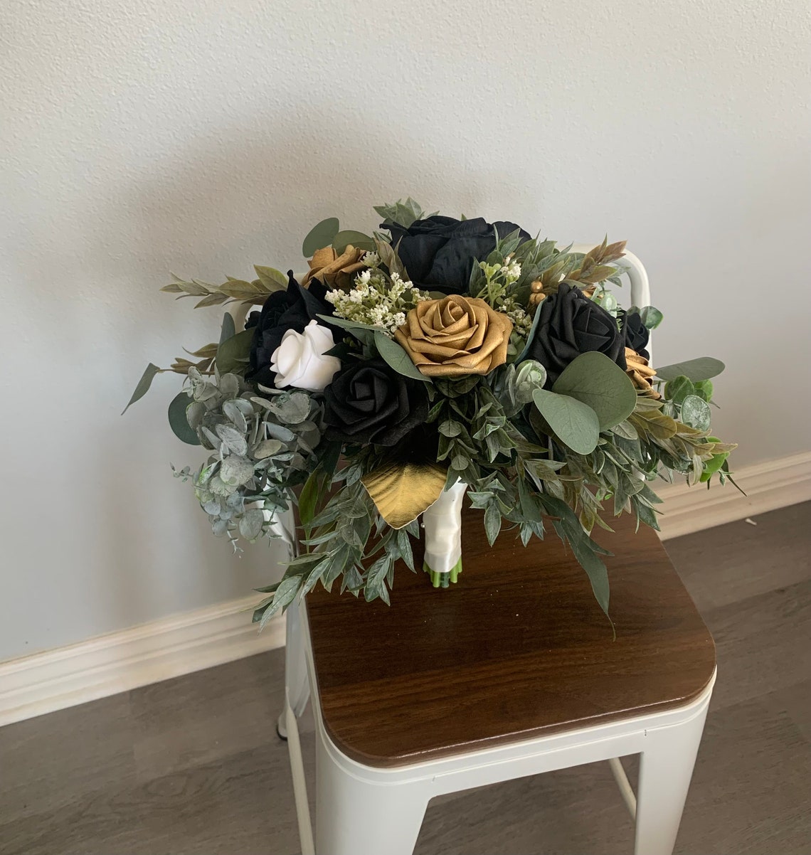 Black and Gold Eucalyptus Boho Artificial Bridal Bouquet Gold Wedding ...