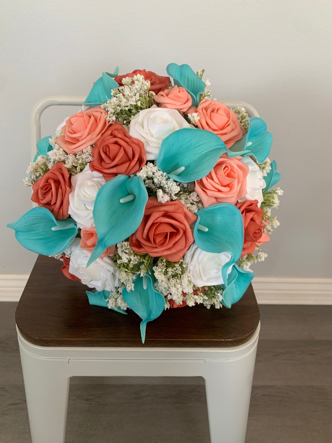 Aqua Turquoise Coral Light Teal Peach Pink Beach Wedding Bouquet Bridal ...