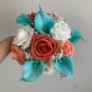 Aqua Turquoise Coral Light Teal Peach Pink Beach Wedding Bouquet Bridal ...