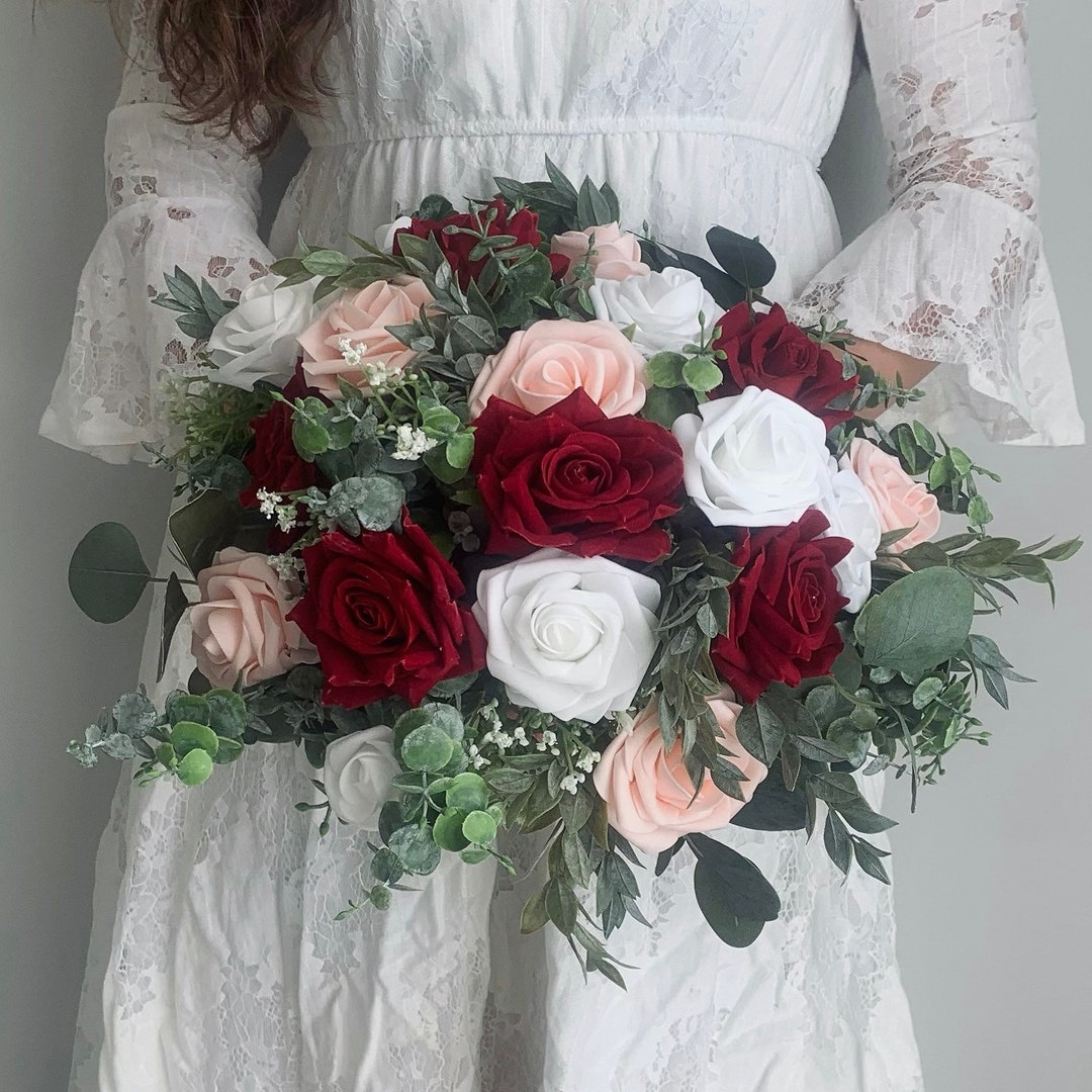 Deep Red Blush Pink & White Artificial Bridal Bouquet Real - Etsy