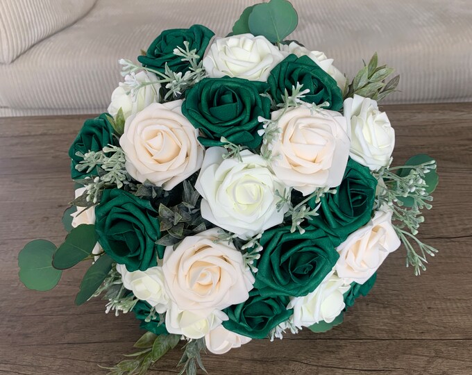 Emerald Green, Cream, and Ivory Rose Bridal Bouquet, Wedding Bouquet ...