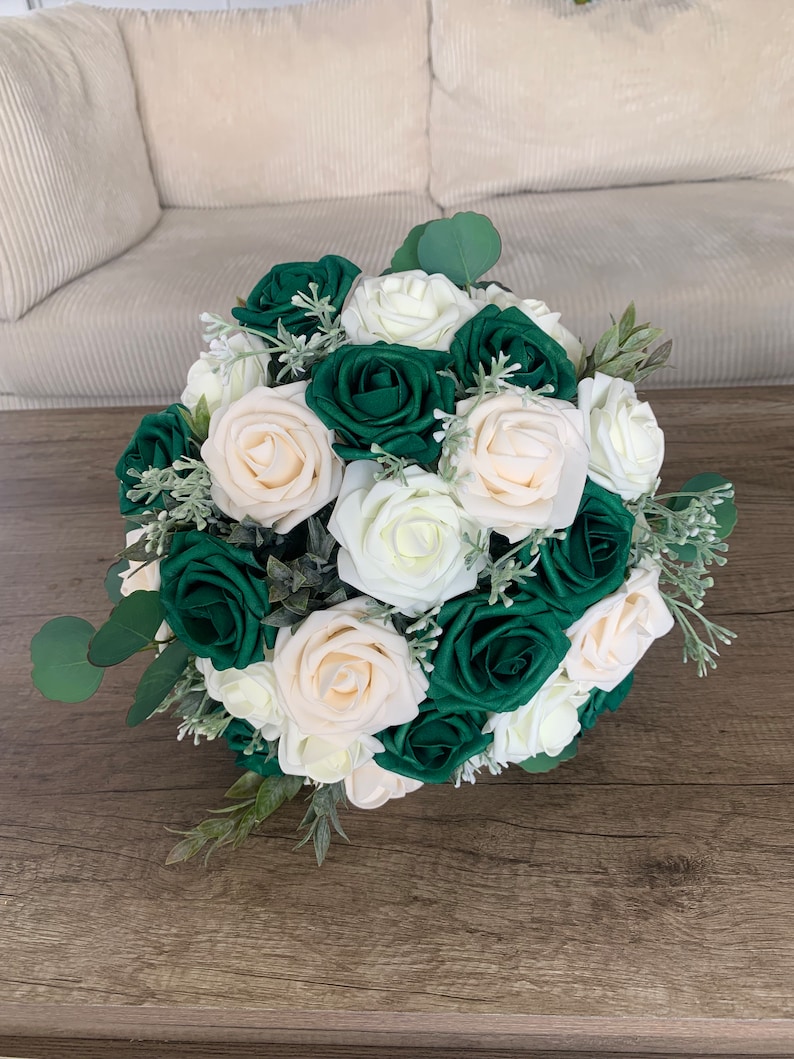 Emerald Green Cream and Ivory Rose Bridal Bouquet Wedding - Etsy