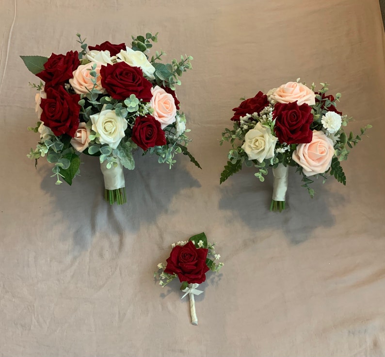 Deep Red Blush Pink & White Artificial Bridal Bouquet Real | Etsy